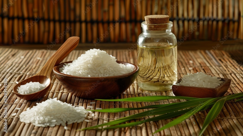 Essential ingredients for Thai white rice water, rice, and oil captured ...
