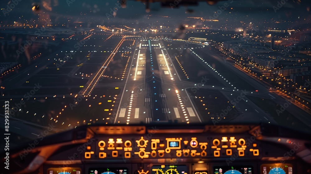 Airplane cockpits are illuminated with runway lights. The pilot ...