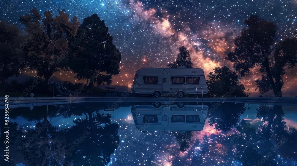 mobile home parked by swimming pool reflecting starry night sky and ...