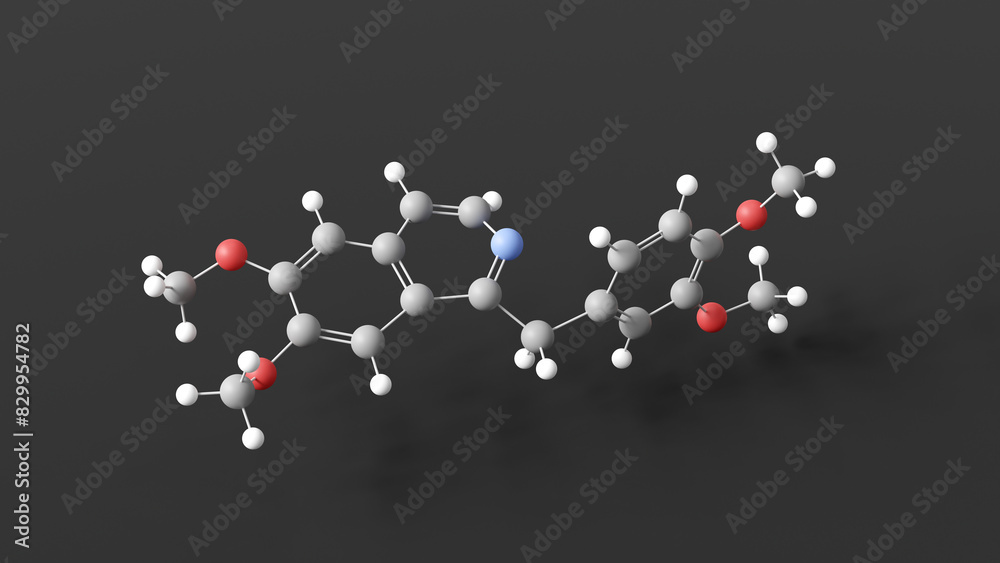 papaverine molecular structure, opium alkaloid antispasmodic drug, ball ...