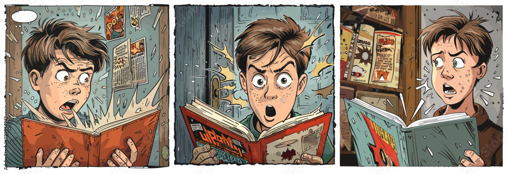 Scared teenager reading comic book cartoon vector scenes. Child holding ...