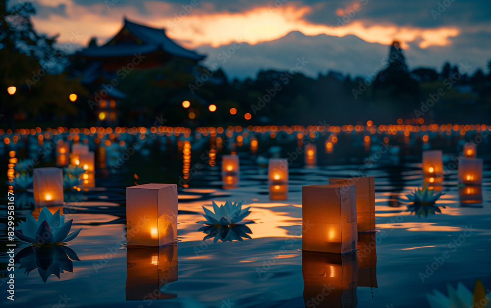 Traditional lanterns float on water during obon festival in japan ...