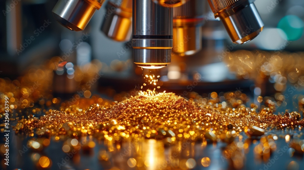 Microscopic examination of golden particles. A detailed macro shot ...