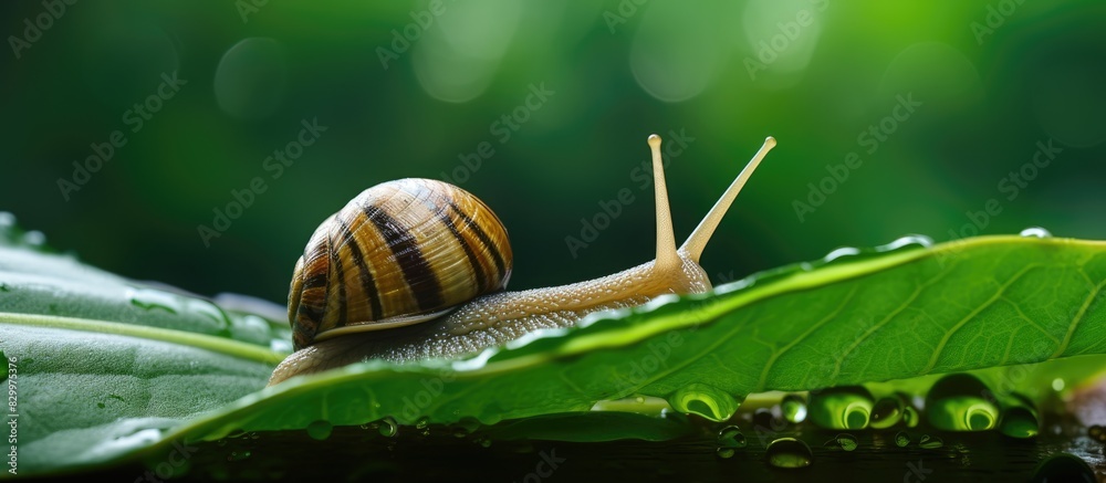 A garden snail with its distinctive spiral shell and slow graceful ...