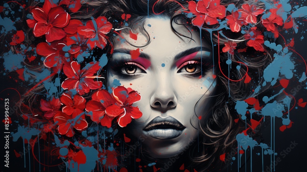 Womans face intertwined with red flowers, graffiti style, concrete ...