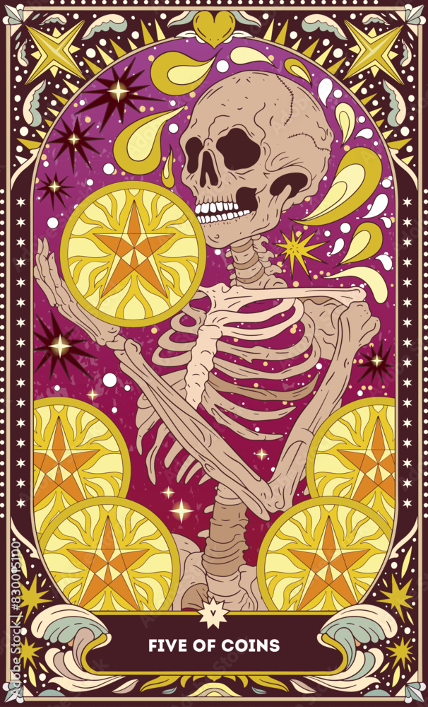 Five of Coins A tarot card in bohemian tones in a modern style in the ...
