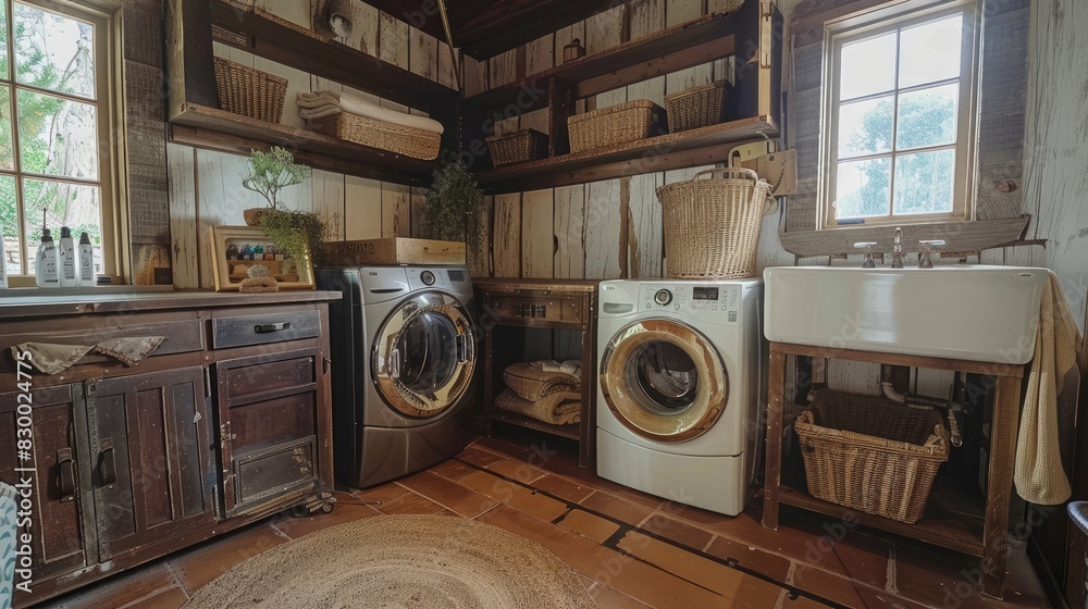 Rustic style laundry with wooden furniture, shelves and cabinets, but ...