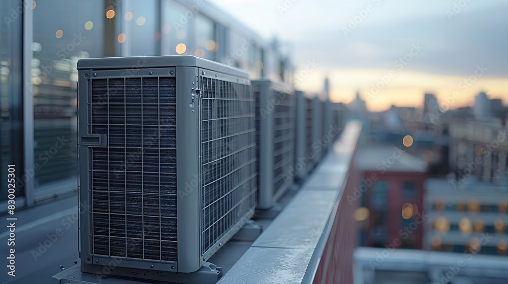 Outdoor air conditioning units on a rooftop with a cityscape in the ...