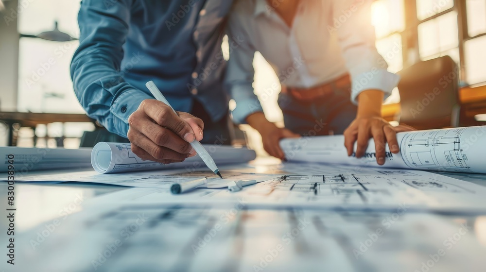engineer and an architect reviewing blueprints and construction plans ...
