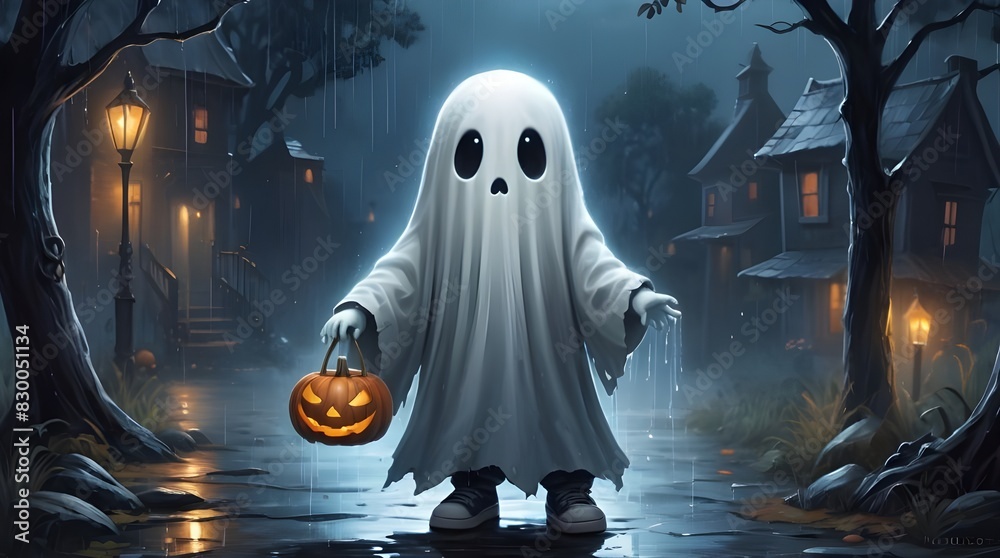 cute ghost kid in rain dark halloween canvas painting Stock ...