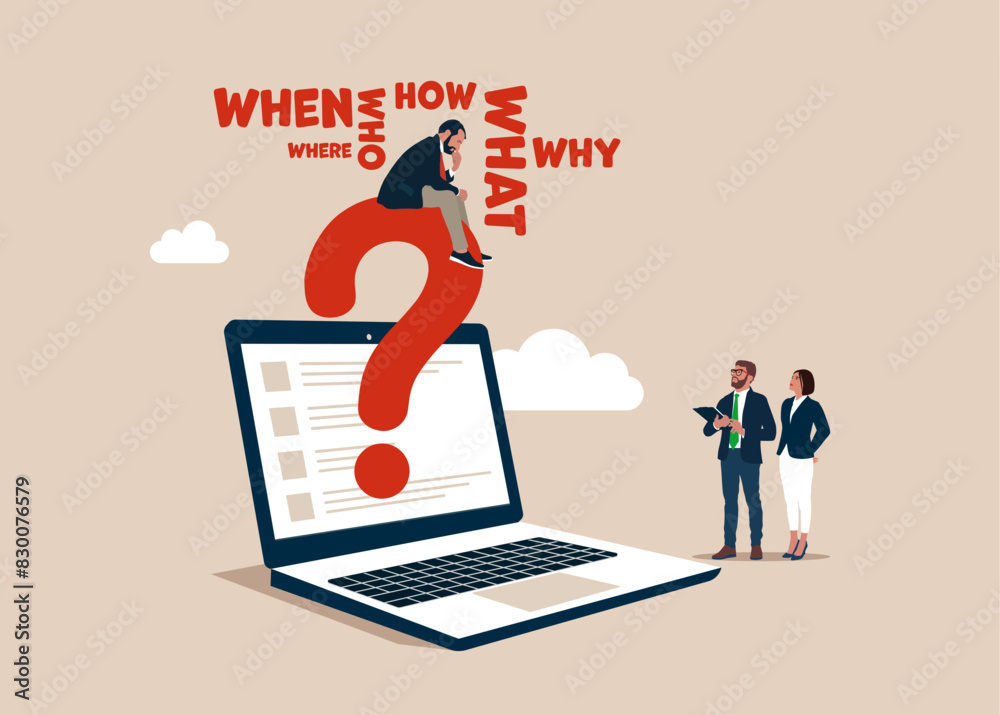 Business people on large question mark thinking of who what where when ...