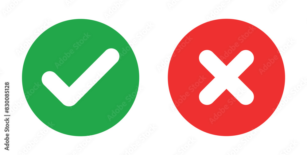 Sharp green checkmark and red cross on isolated white background vector ...