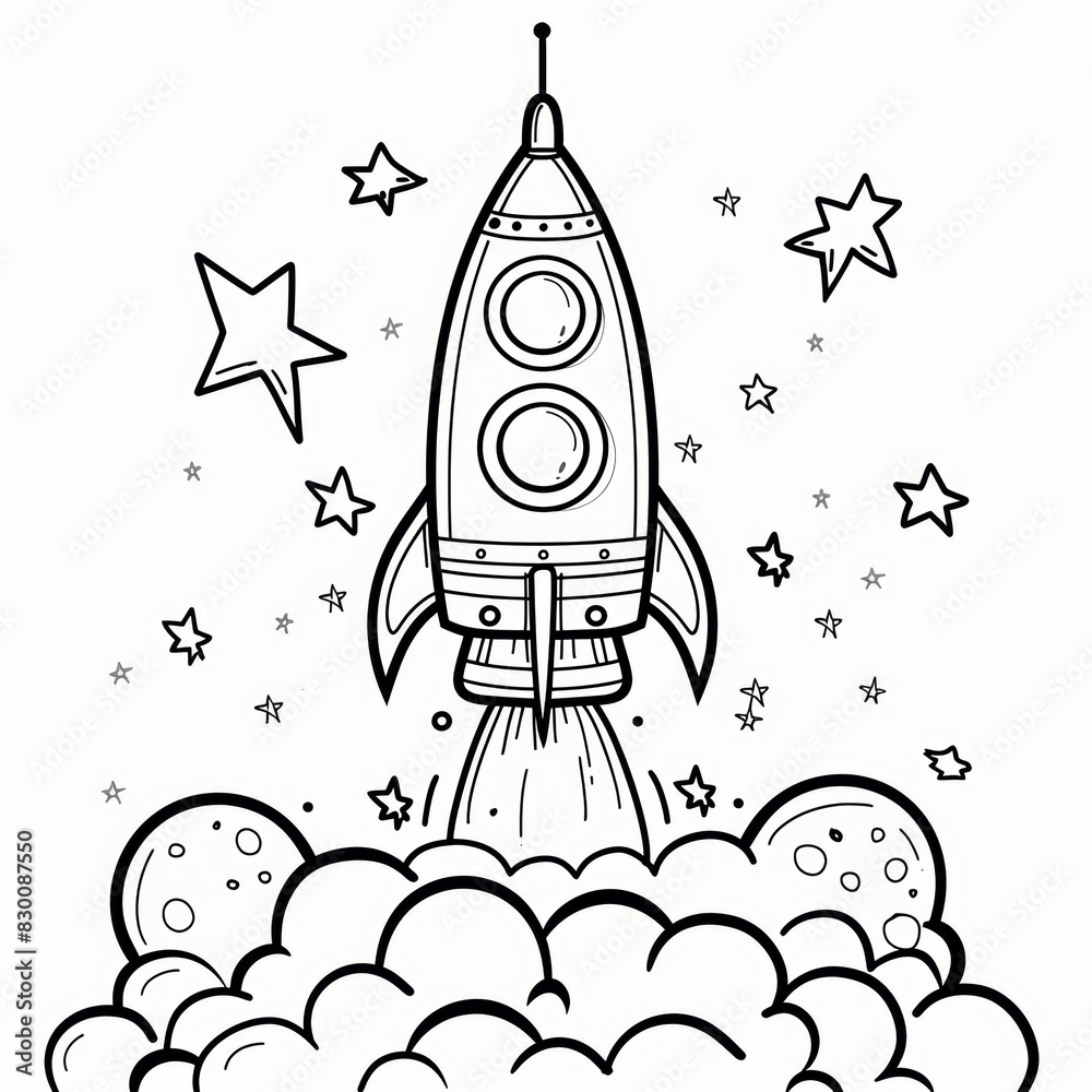 Coloring book page for kids of a rocket launching into space surrounded ...
