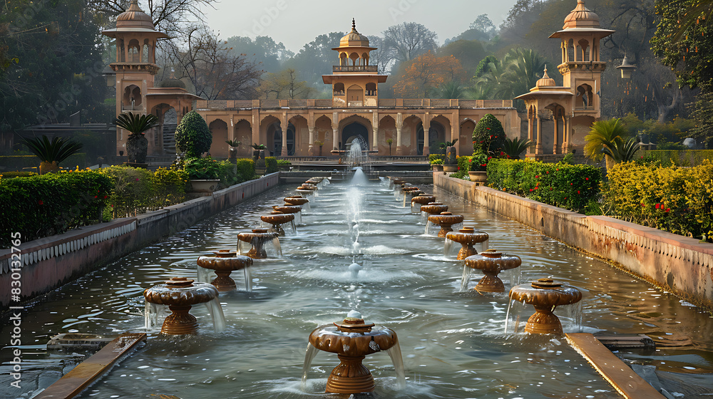 serene image of Shalimar Gardens their lush greenery cascading fountain ...