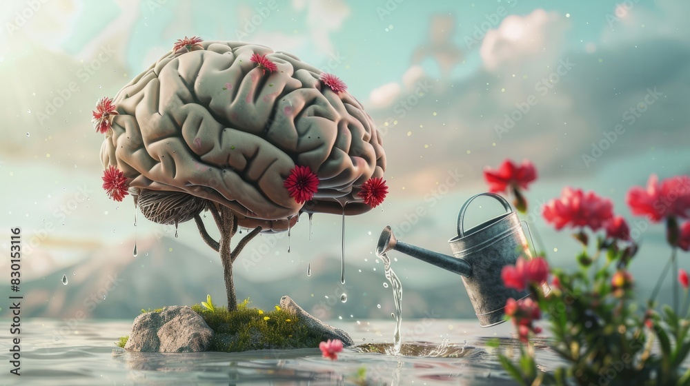 Human brain growing from a tree with flower, watering can is pouring water on the mind, mental ...