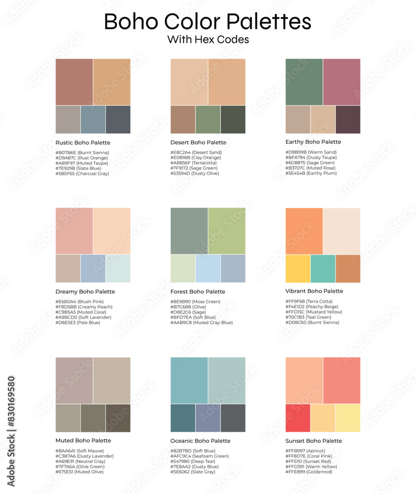 Boho color palette with hex code, bohemian color pallets for feminine ...