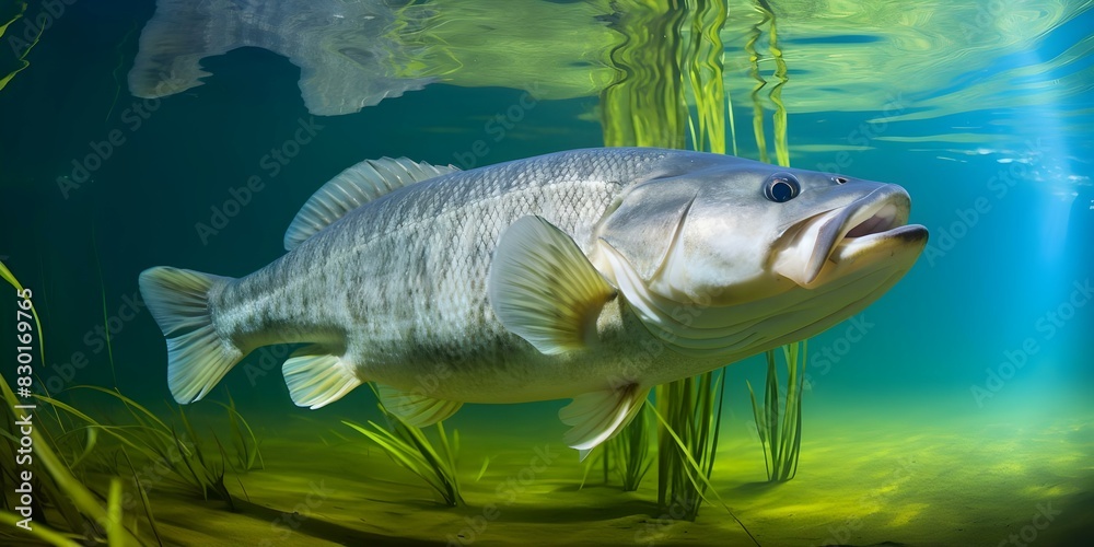 Largemouth Bass Hunting for Prey in its Underwater Habitat. Concept ...