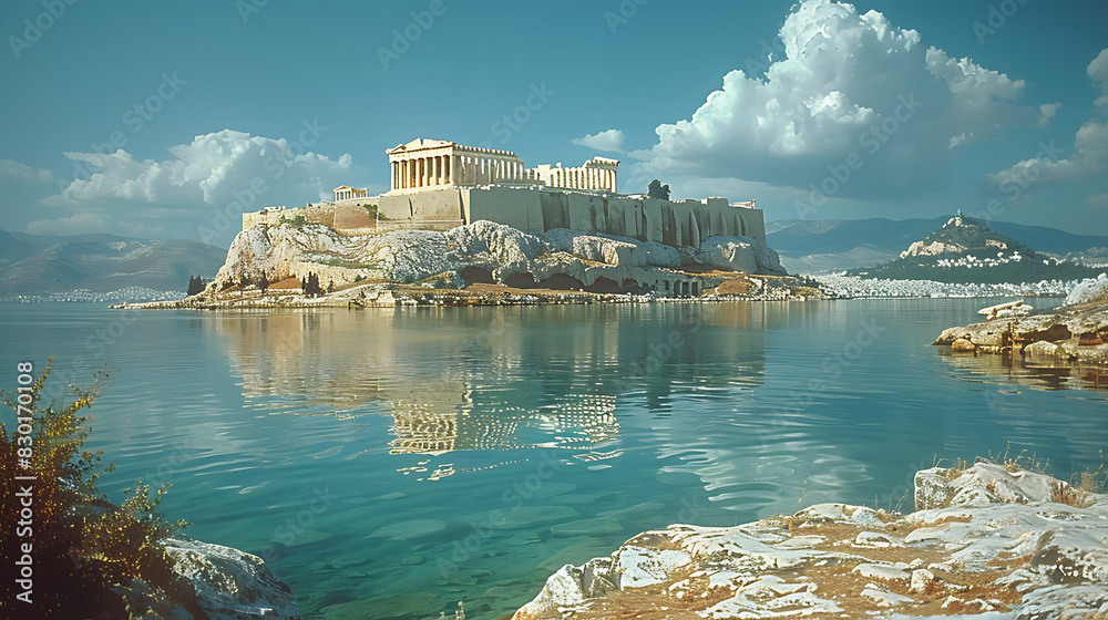 iconic image of Acropolis of Athens standing proudly atop rocky hill overlooking city of Athens ...
