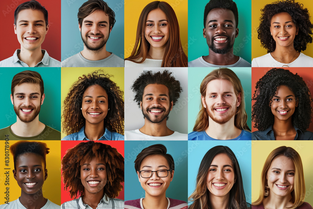 A group of people with different hair colors and styles are smiling at ...