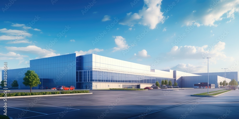 logistics center, headquarters or large office under a blue sky. New ...