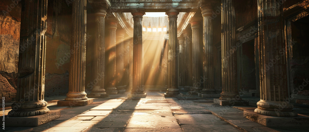 Inside of ancient greek temple, interiors illuminated by natural light with beautiful carved ...