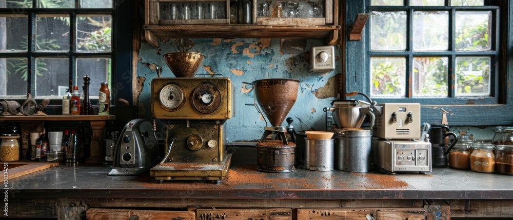 On a rustic kitchen counter, an antique coffee roaster takes pride of ...