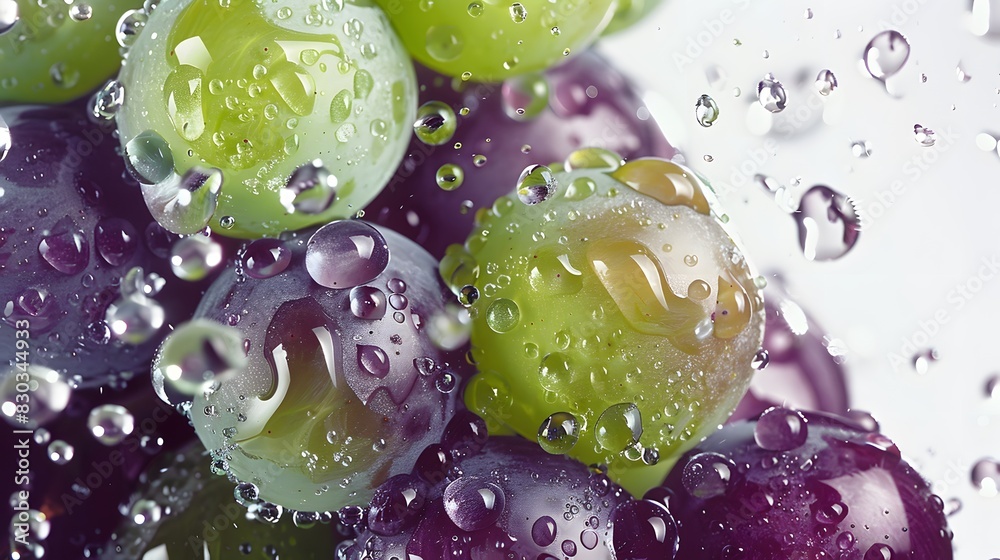 A detailed image of a cluster of fresh grapes, with droplets of water ...
