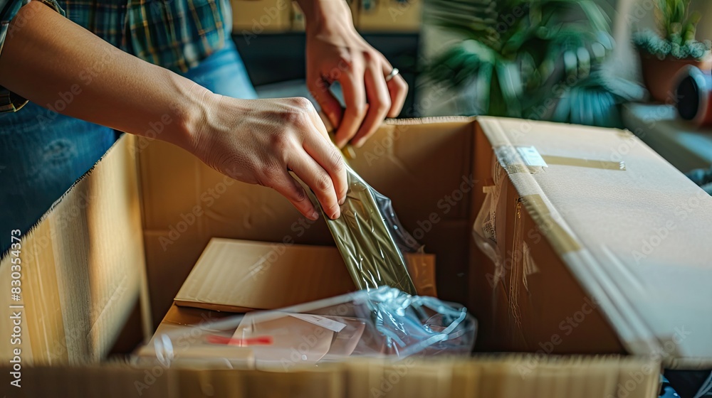 Hands packing items into a cardboard shipping box, preparing for ...