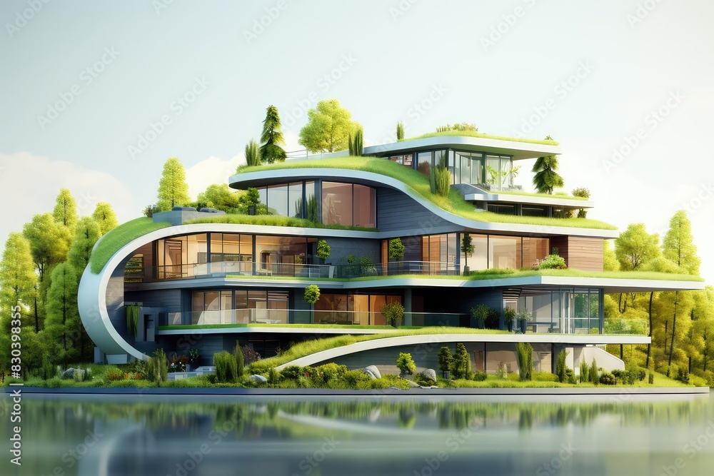 Passive house with green roof, flat design, side view, environmental ...