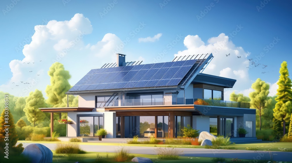 Passive house with solar shading, flat design, front view, sustainable ...