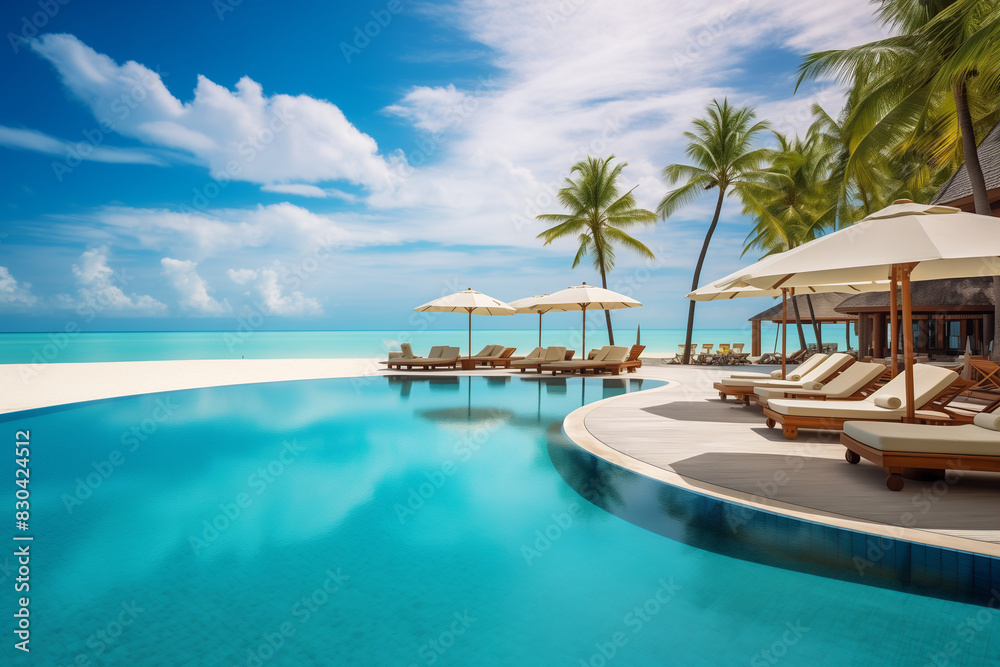 Stunning landscape, swimming pool blue sky with clouds. Tropical resort ...