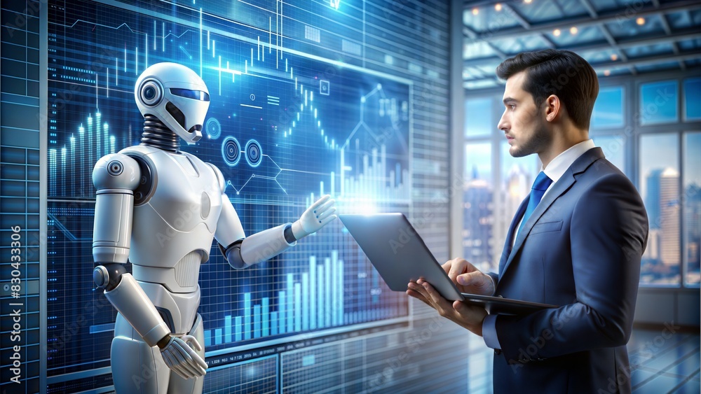 Businessman touch automated data management system to create reports ...