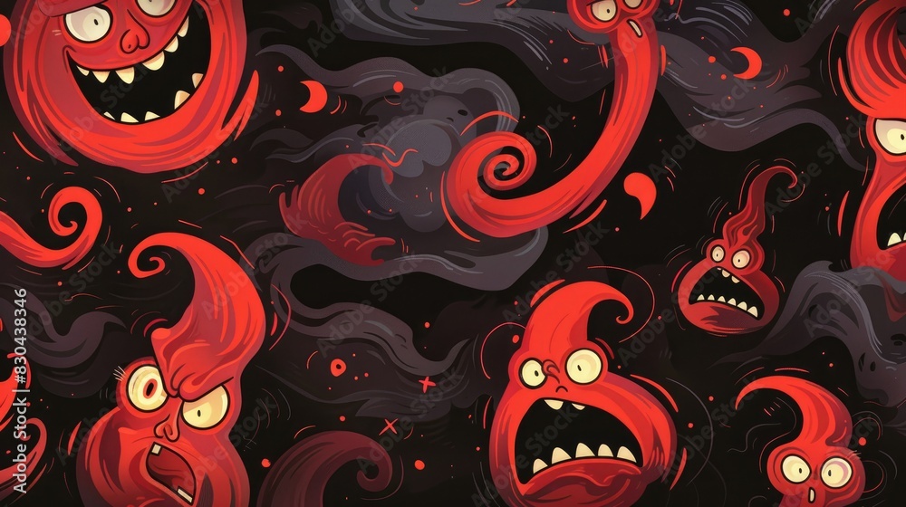 Red cartoon character shapes in cyclone style on black background Stock ...