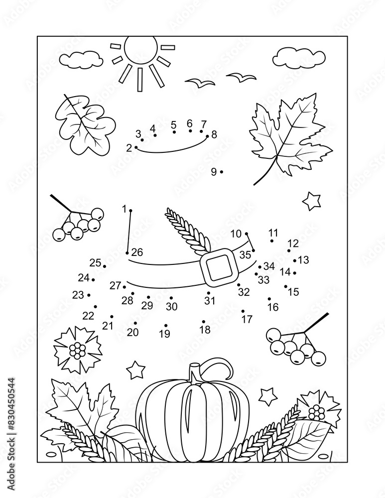 Thanksgiving Day holiday activity sheet. Pilgrim hat hidden picture dot ...