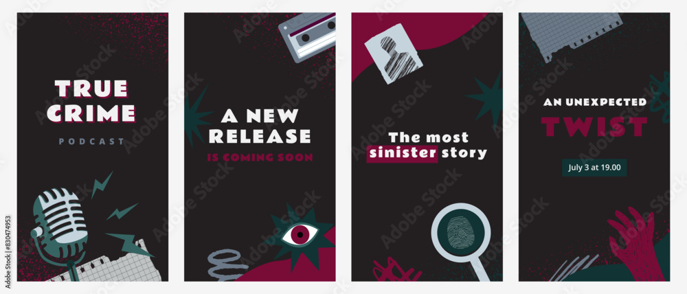 Story templates for true crime podcast. Vector collage with textures ...