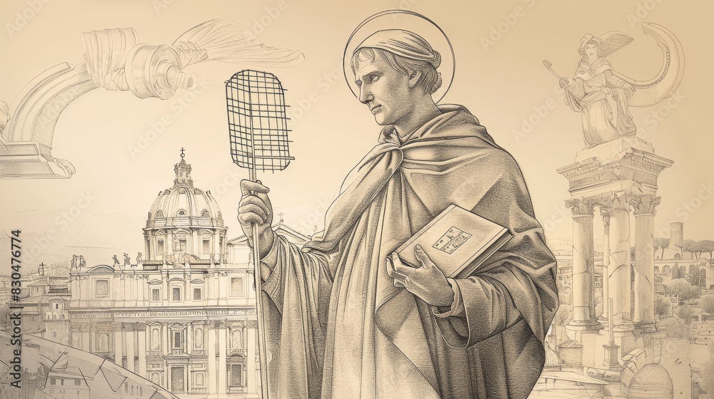 Biblical Illustration of St. Lawrence Holding Gridiron and Book in ...