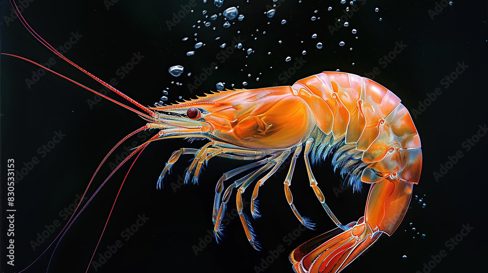 shrimp, side view, underwater, glowing neon color palette, hyper ...