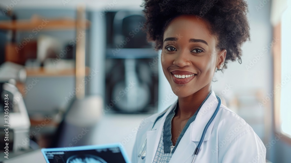 Smiling female doctor holding an X-ray in a bright medical office ...