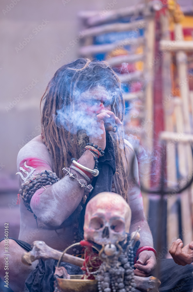 Portrait of an naga aghori sadhu holy man with pyre ash on his face and ...