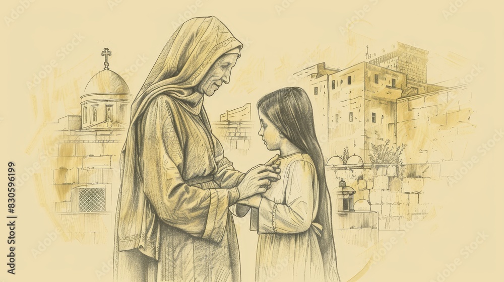 Biblical Illustration of St. Anne Teaching Virgin Mary in 1st-Century ...