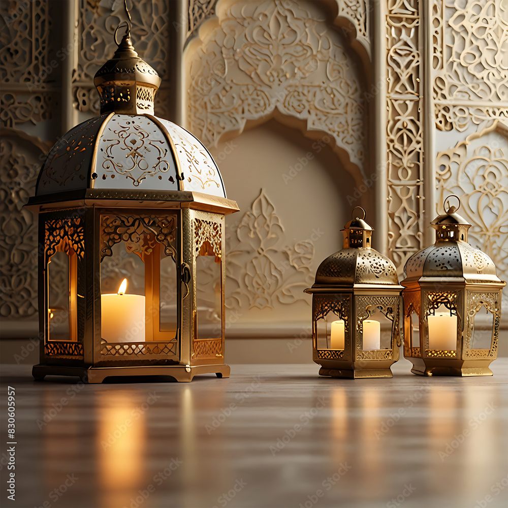 Islamic eid ul adha gold and white background lamp lighting horizontal ...