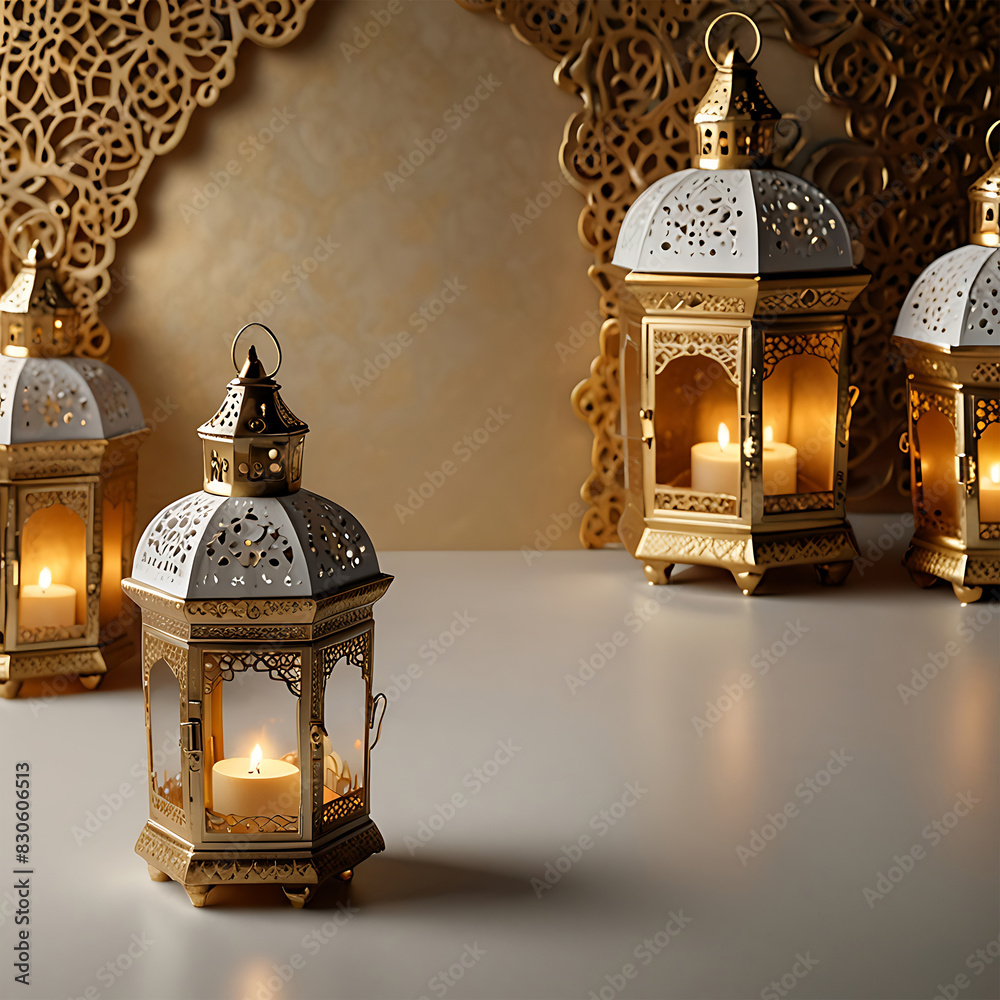 Islamic eid ul adha gold and white background lamp lighting horizontal ...