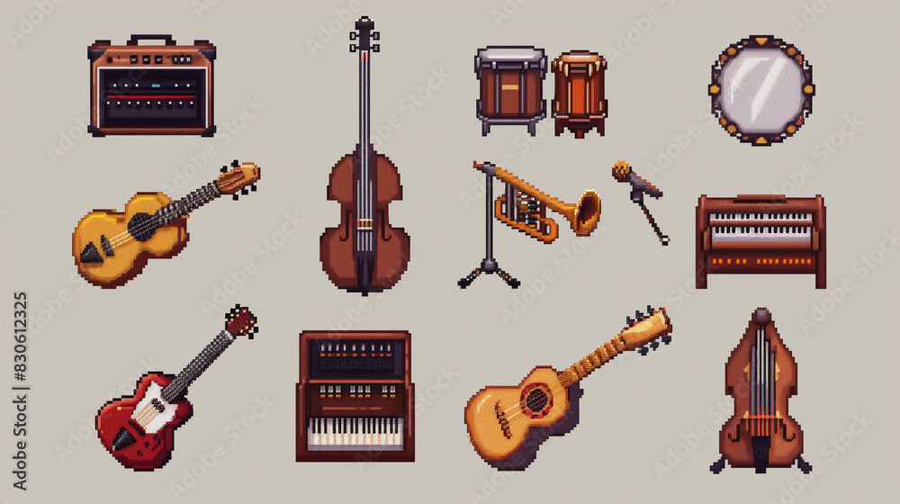 A collection of pixel art icons showing different types of musical ...