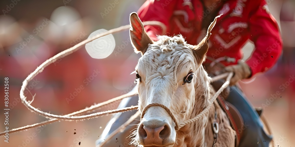 Closeup of a rodeo calf roper skillfully lassoing a calf highlighting ...