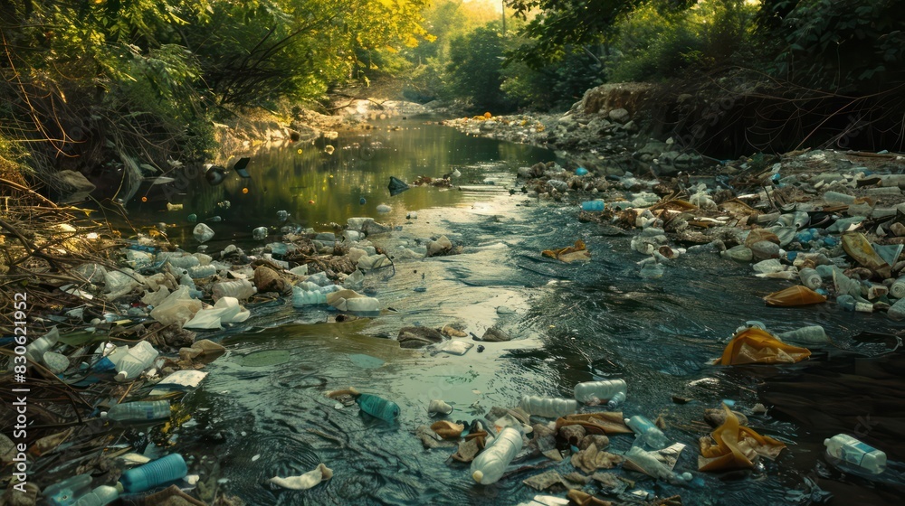 Trash Accumulation: Illustrate a polluted river or stream choked with ...