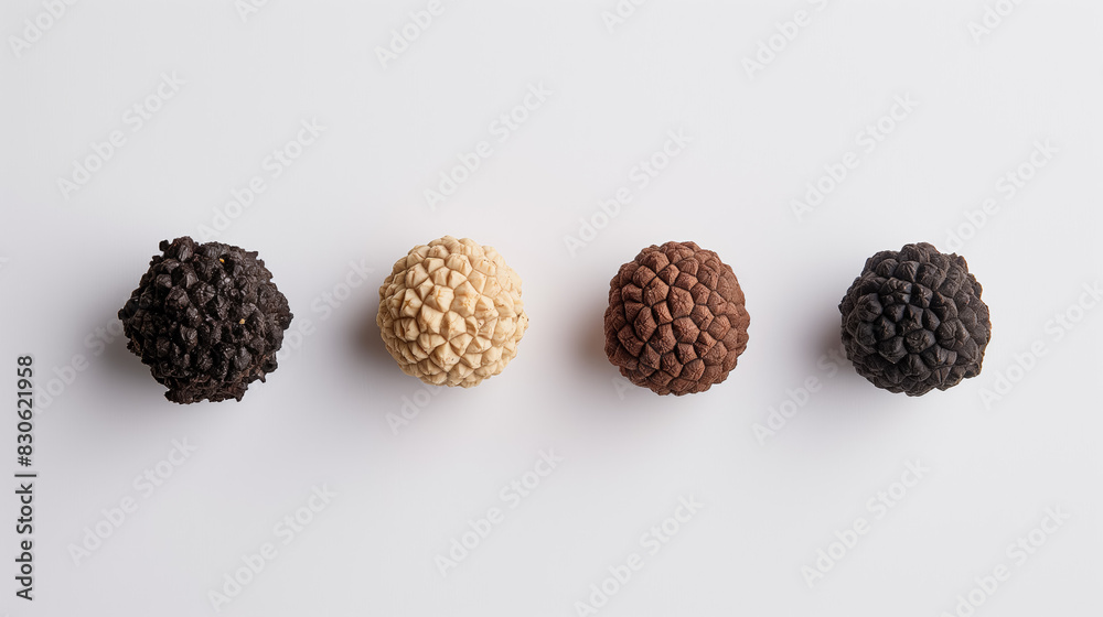 Four truffles of different colors and textures lined up against a white ...