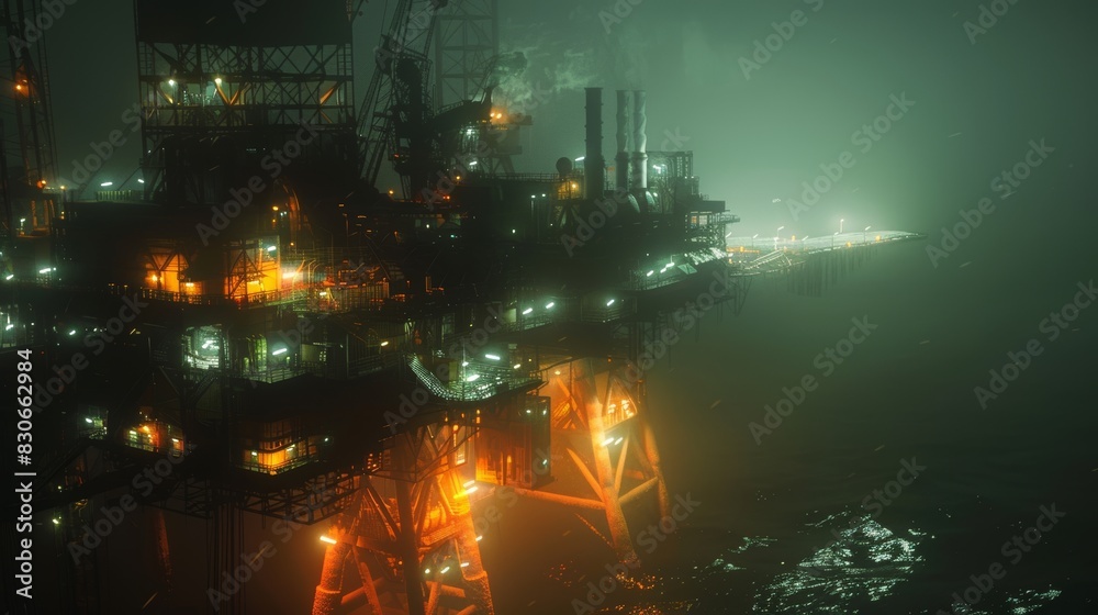 Night scene of a drilling rig with massive drills, illuminated by rig ...