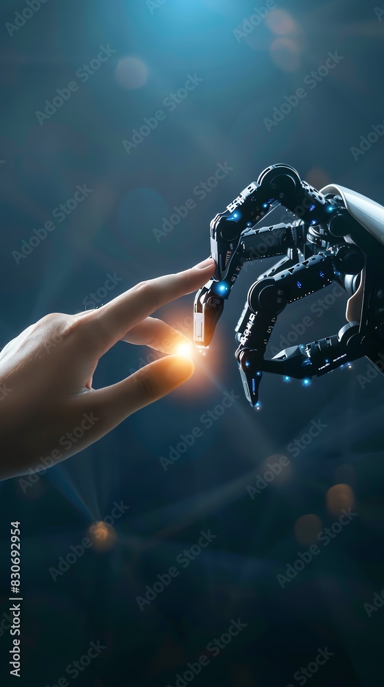 Human hand and robotic finger touching, representing connection between ...