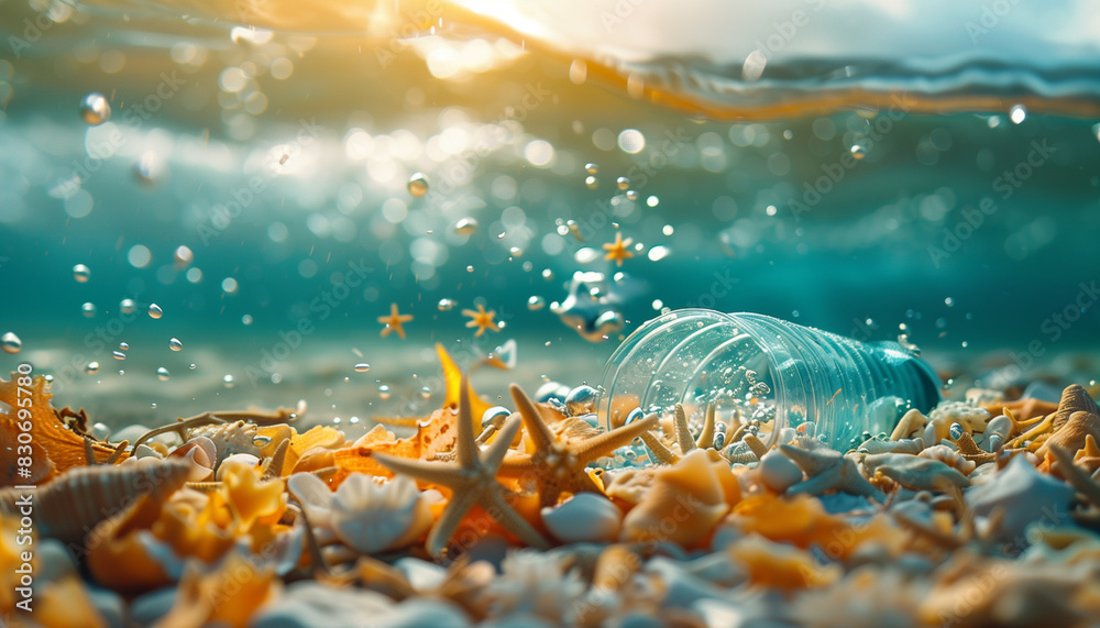 Vivid sunset beach scene with water splashes and a discarded plastic ...