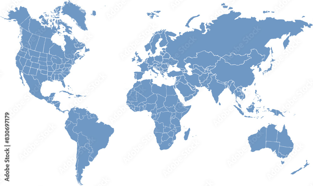 World map. Continents with the contours of the countries. Vector ...
